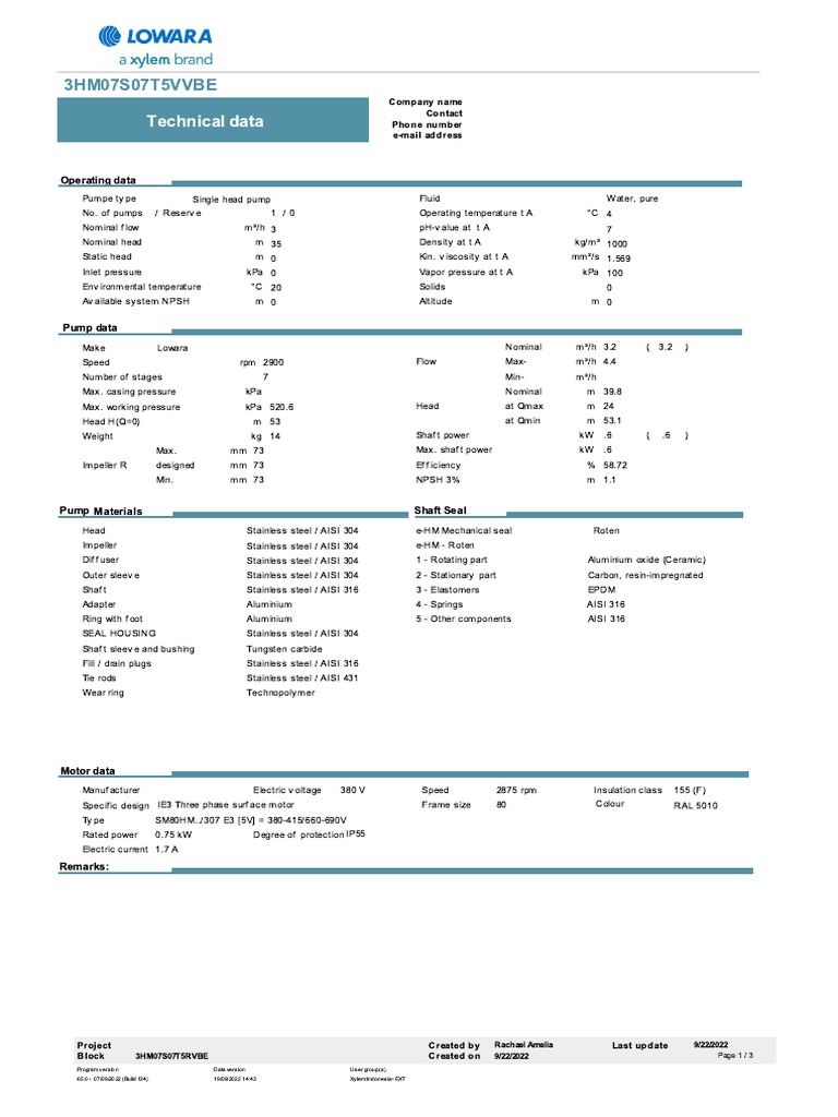 Technical Specifications and Performance Curve for a Lowara 3HM07S07T5VVBE Single Stage ...
