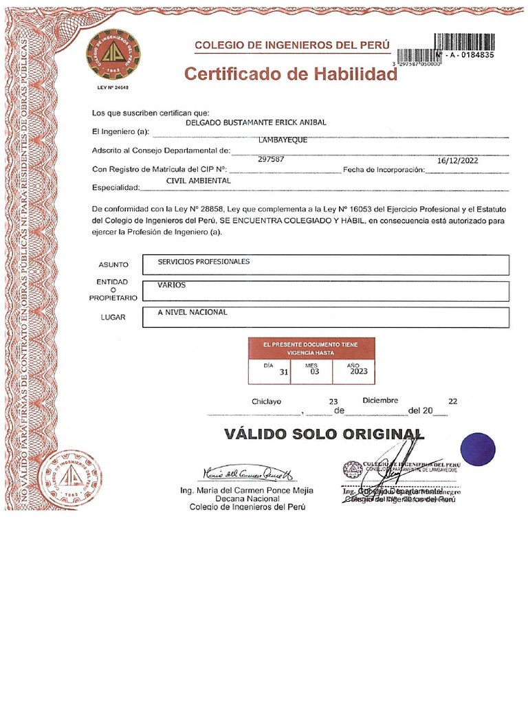 9.-Certificado de Habilidad Colegio de Ingenieros Erick Anibal Delgado Bustamante | PDF
