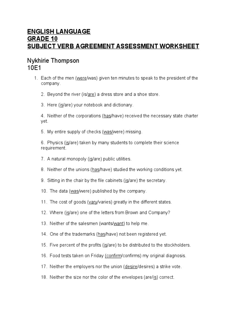 Grade 10 English Subject Verb Agreement Worksheet Thompson | PDF