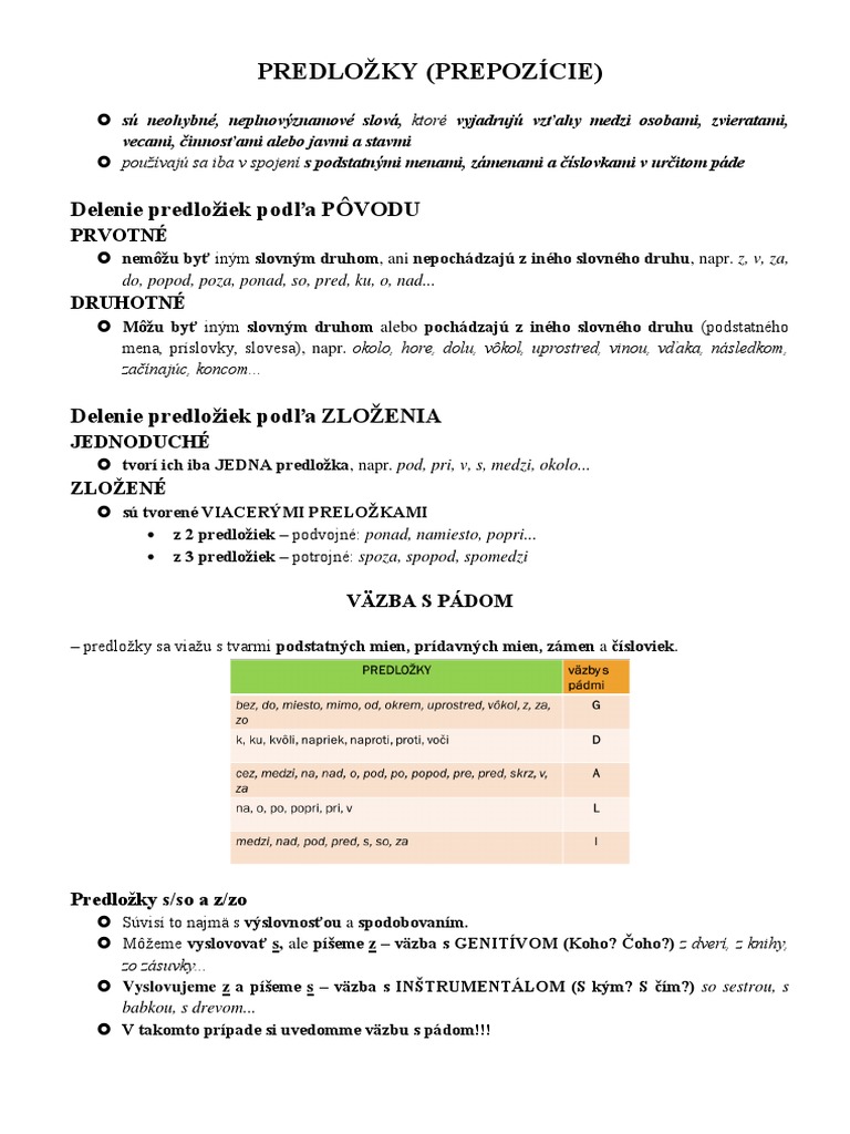 PREDLOŽKY - Poznámky | PDF