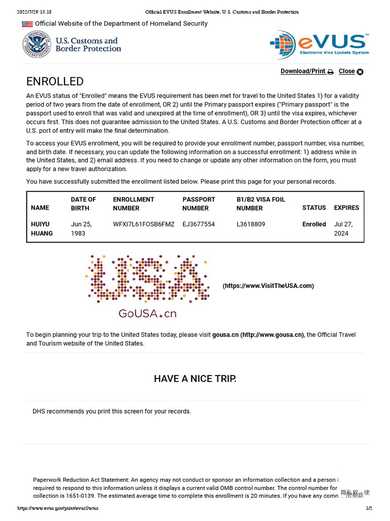 EVUS Enrollment Confirmation Details | PDF | Travel Visa | Passport