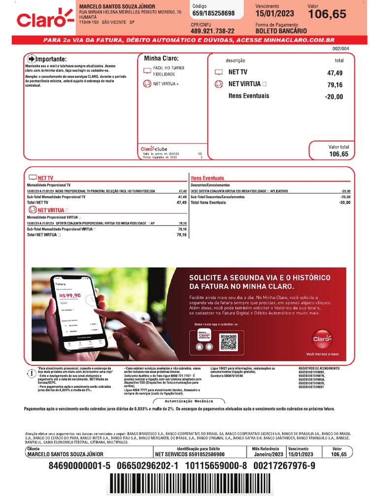 Fatura Claro Net Marcelo | PDF