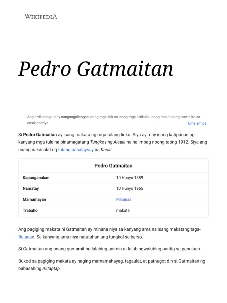 Pedro Gatmaitan - Wikipedia, Ang Malayang Ensiklopedya | PDF