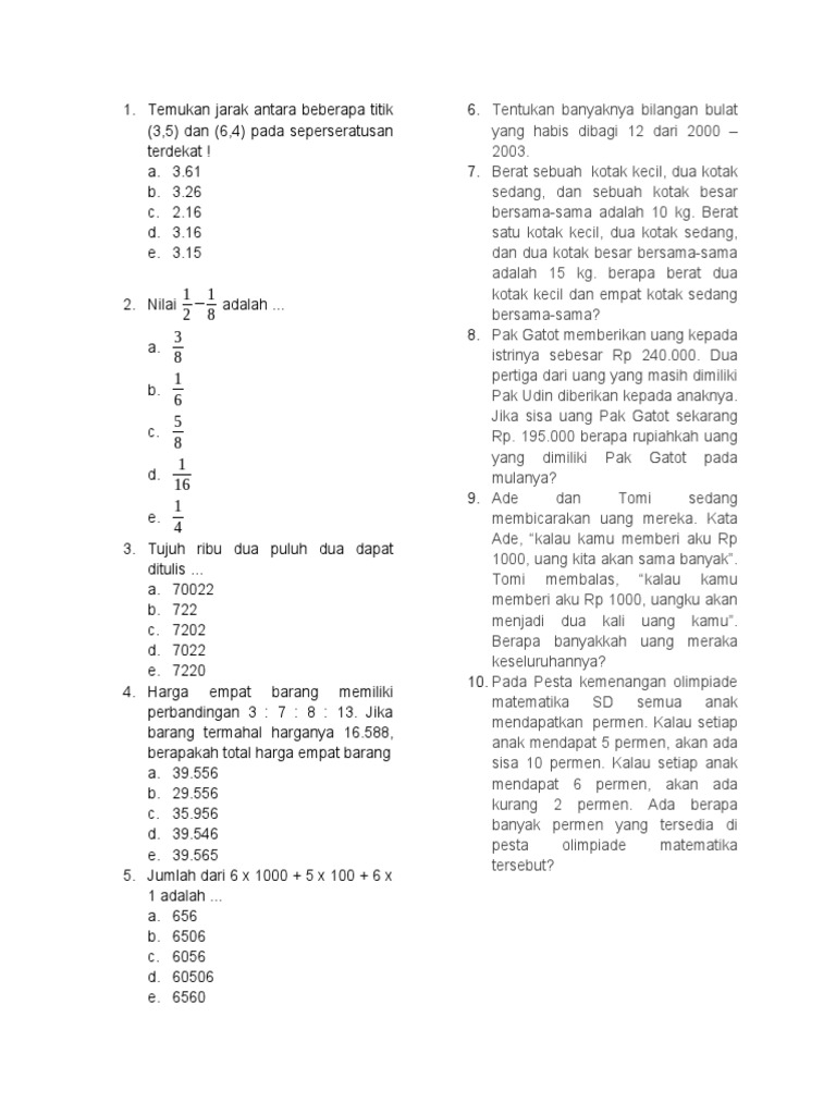 Contoh Soal Olimpiade Matematika SD | PDF