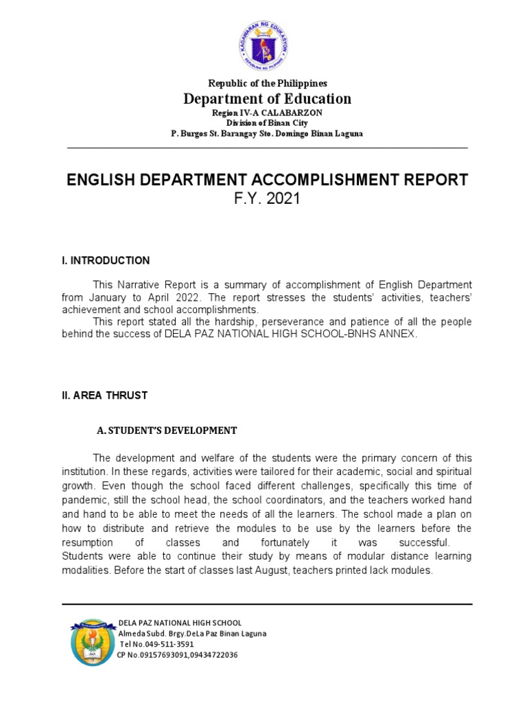 Accomplishment Report of ENGLISH DEPT2021 2022 | PDF