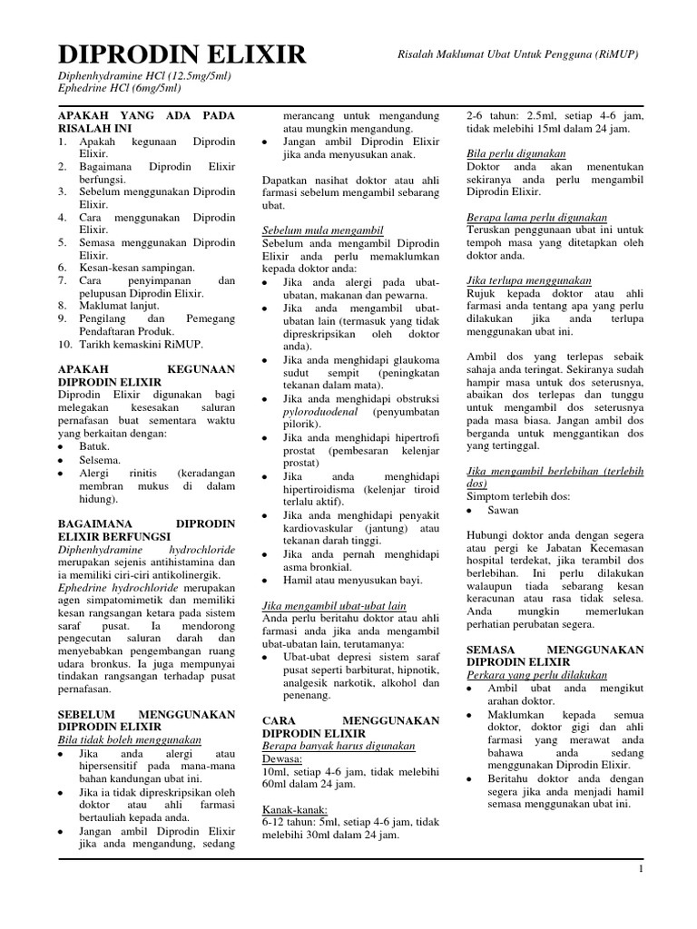 Diprodin Elixir 12.5mg, 6mg (Diphenhydramine, Ephedrine) Kotra Pharma ...