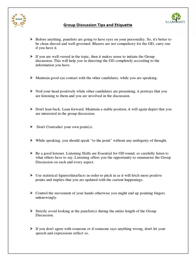 Group Discussion Tips Etiquette | PDF | Psychological Concepts | Human ...
