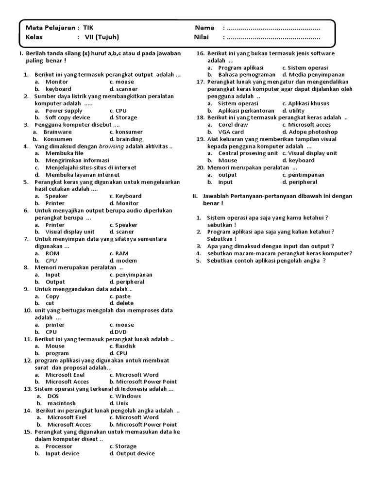 Soal TIK Kelas VII | PDF