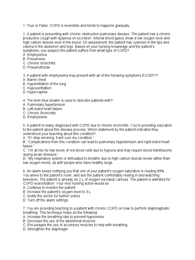 COPD Practice Questions | PDF | Chronic Obstructive Pulmonary Disease ...