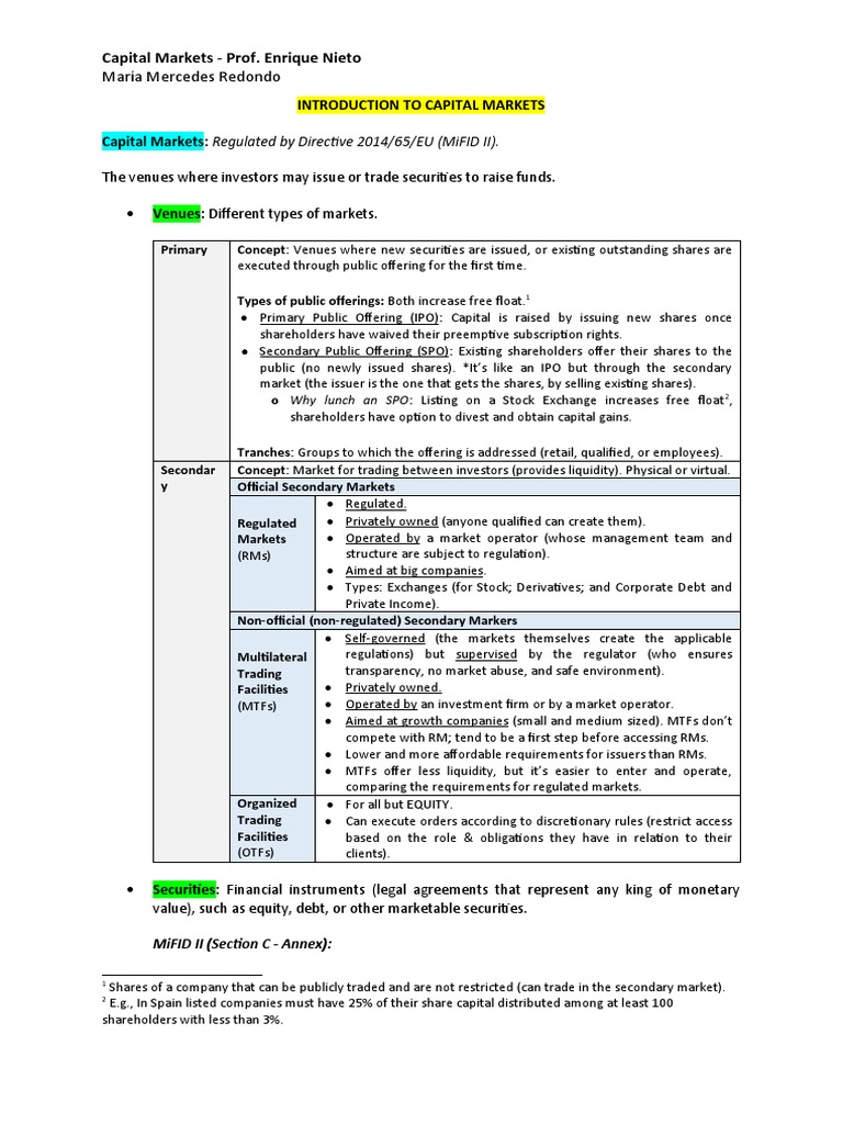 Capital Markets - Notes. | PDF | Securities (Finance) | Investing