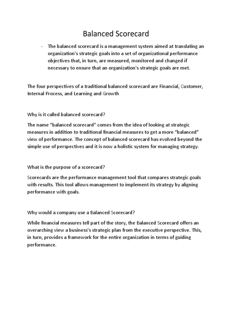 Balanced Scorecard | Download Free PDF | Strategic Planning | Goal
