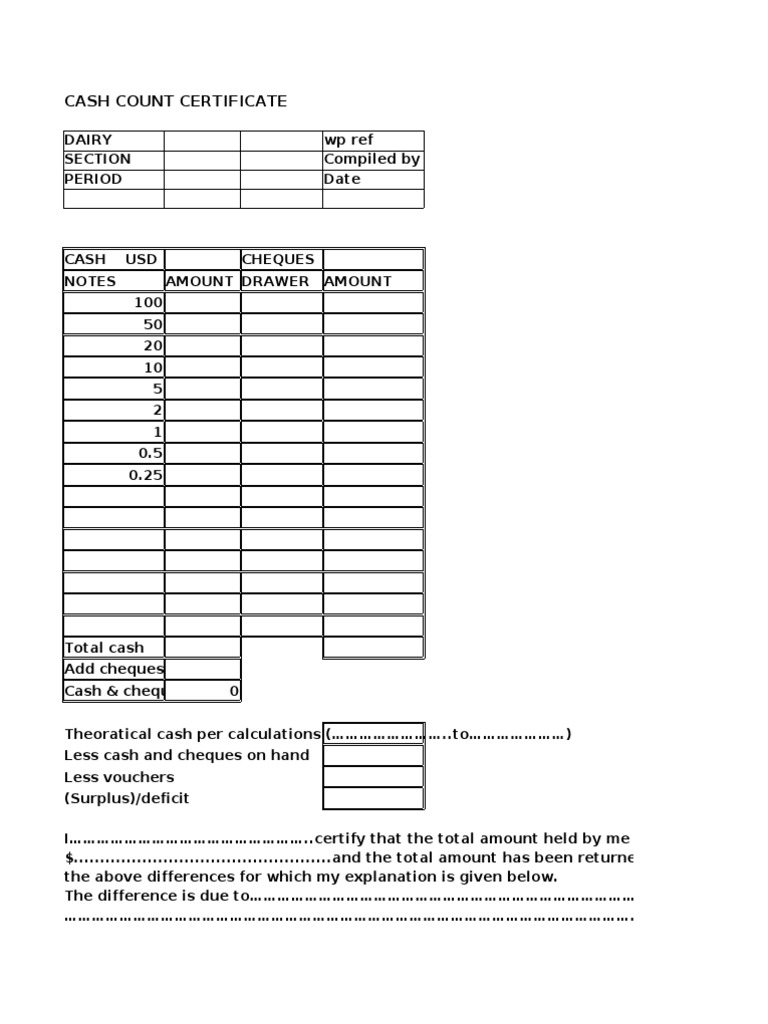 Cash Count Certificate Template | PDF