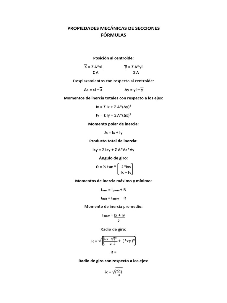 Fórmulas Propiedades Mecánicas de Secciones | PDF