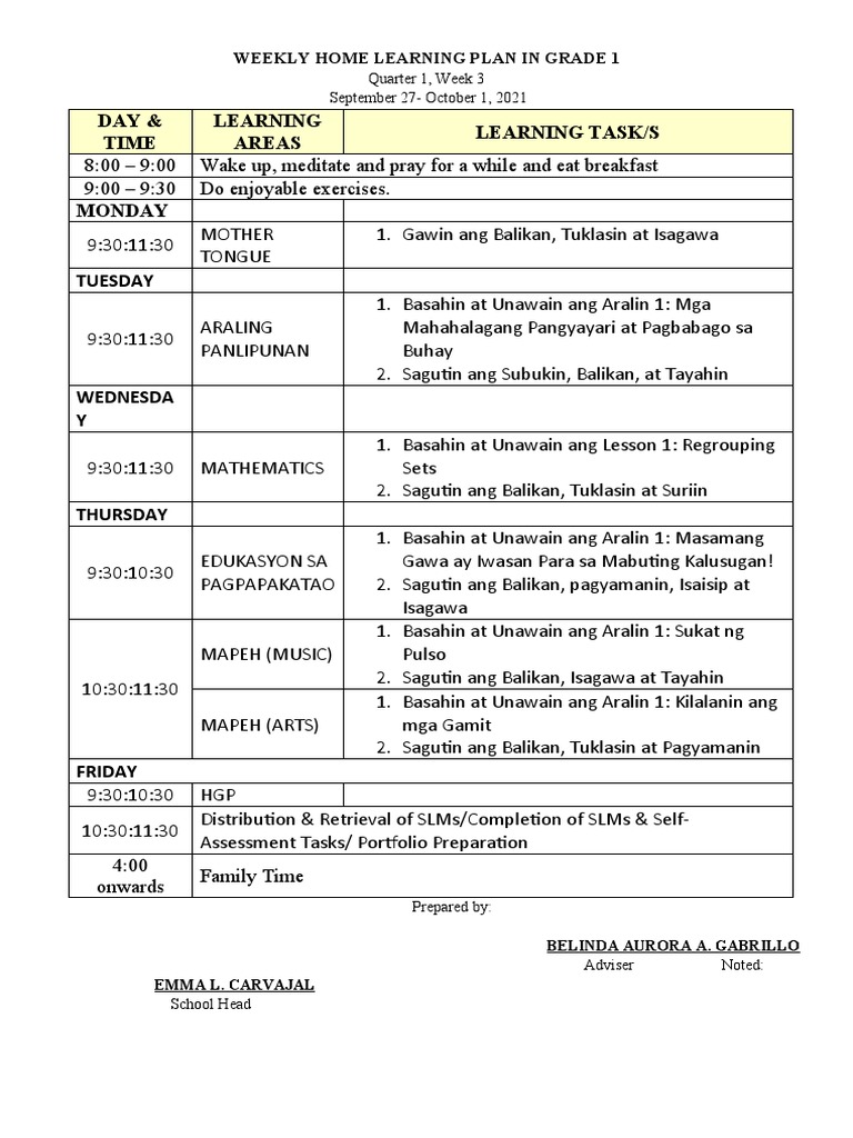 Grade 1 Weekly Learning Plan | PDF