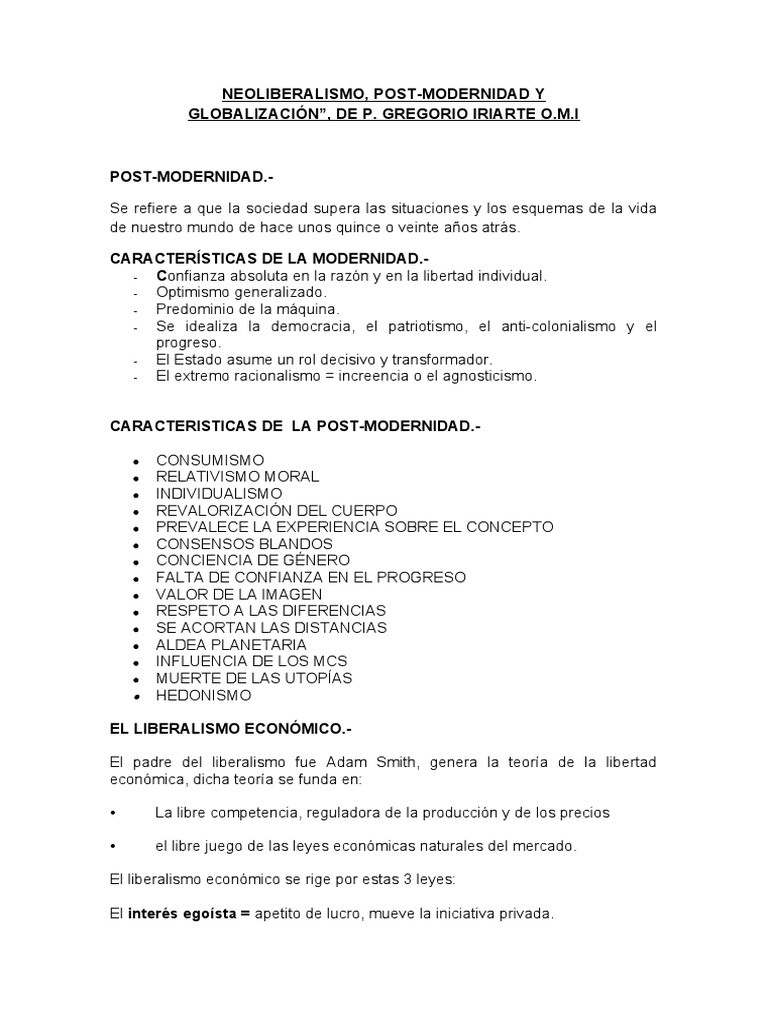 Resumen Analitico Neoliberalismo y Postmodernidad-Padre Gregorio Iriarte | PDF | Neoliberalismo ...