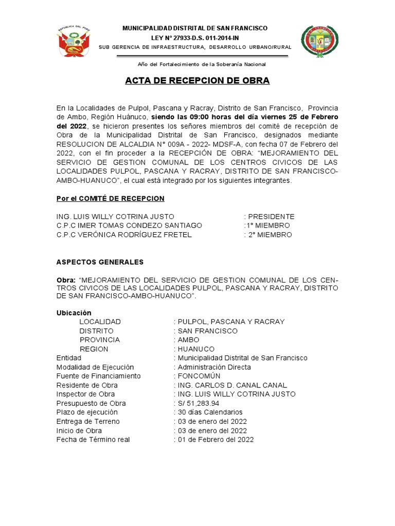 Acta de Recepcion de Obra | PDF
