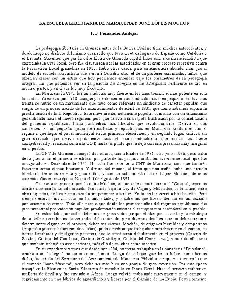La Escuela Libertaria de Maracena y José López Mochón | PDF | Granada