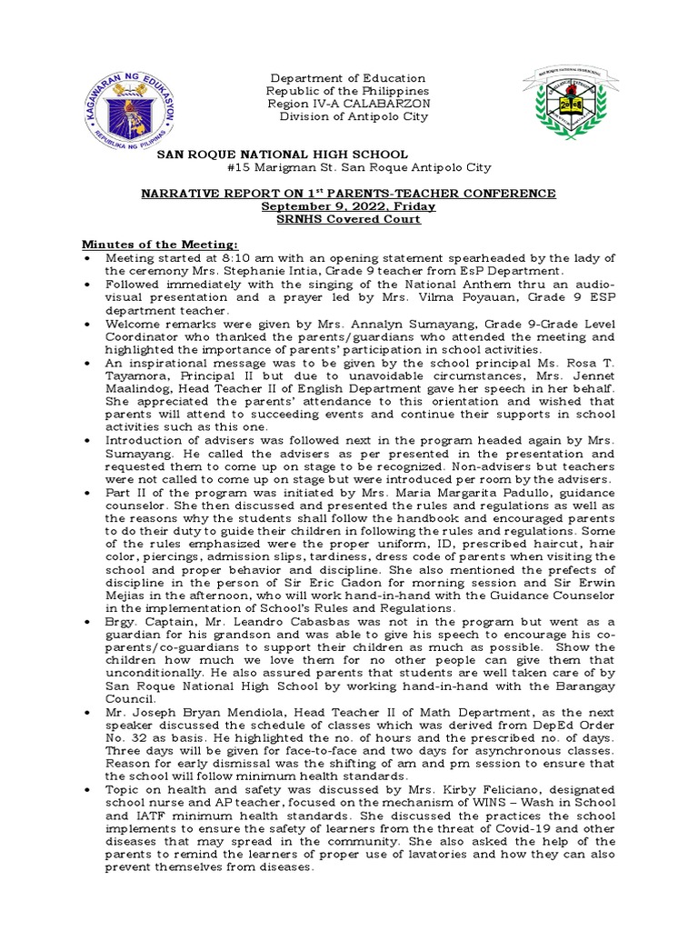Grade 9 NARRATIVE REPORT 1st PTA Meeting | PDF