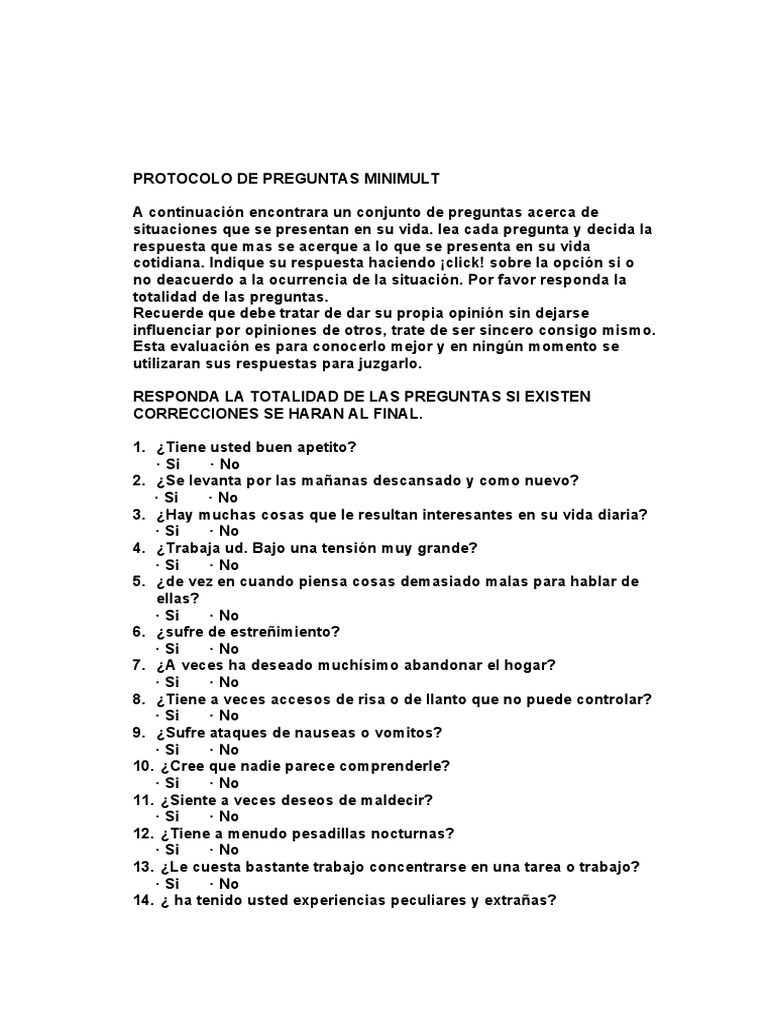 Protocolo de Preguntas Minimult | PDF