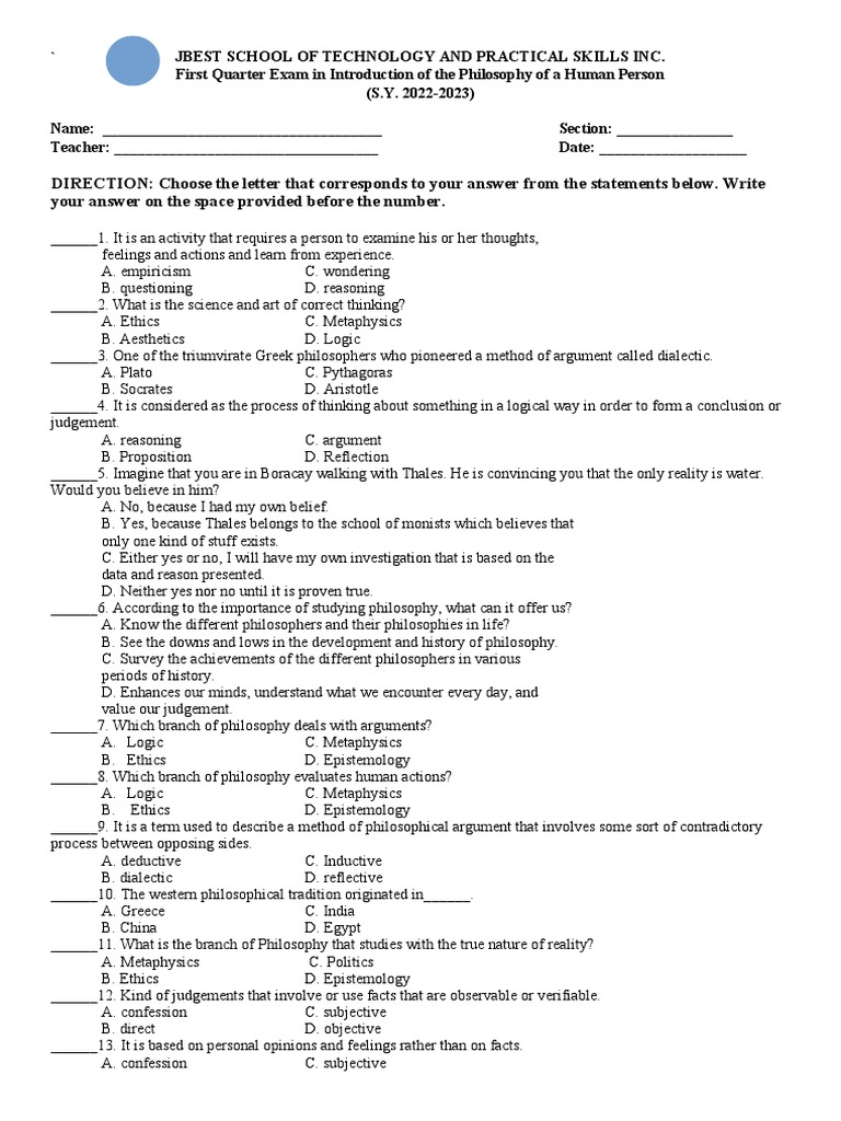 1ST Quarter Exam - Philosophy | PDF | Reason | Metaphysics