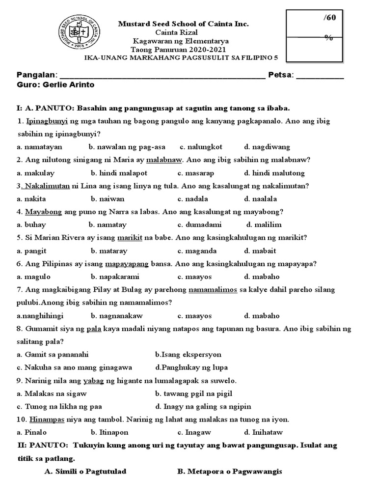 GRADE 5 1st Quarterly Exam | PDF