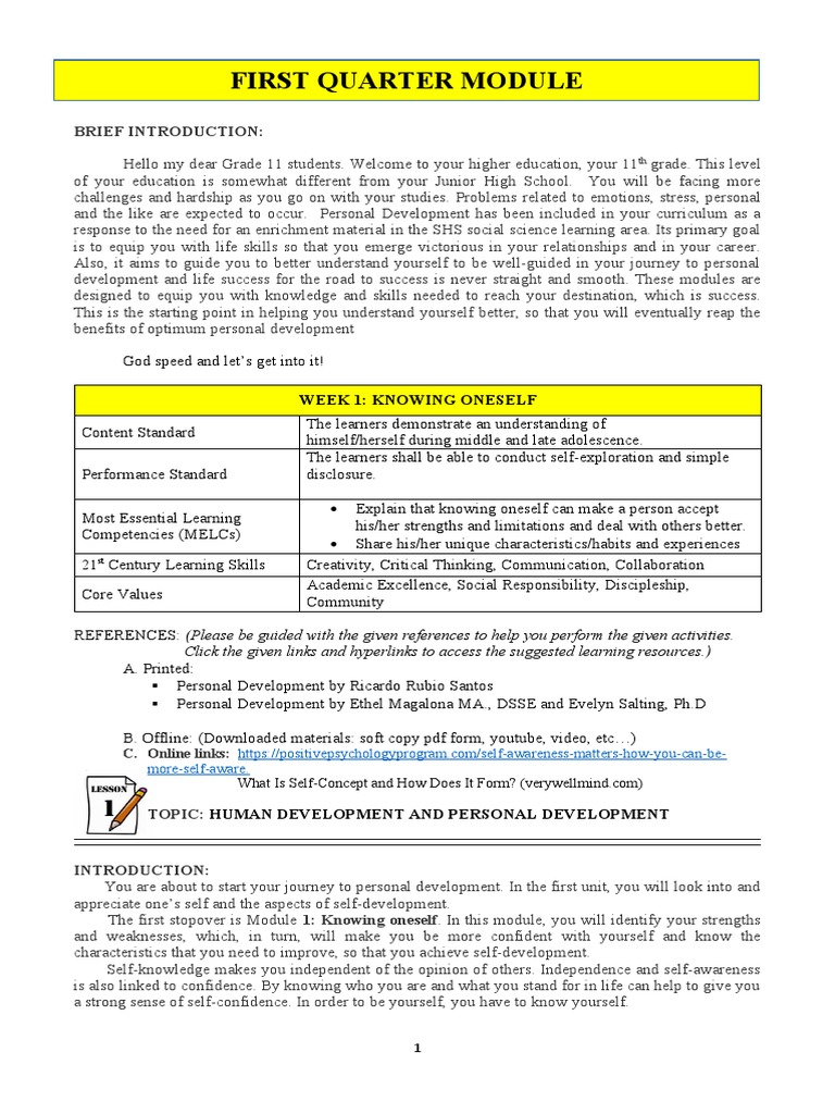 Quarter 1 Personal Development Module | PDF | Adolescence | Emotions