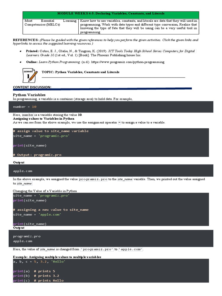 Module Weeks 4 5 | Download Free PDF | Data Type | Variable (Computer ...