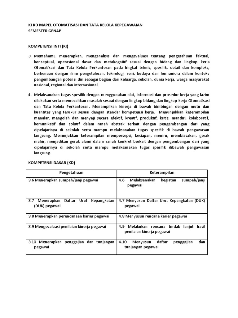 Ki KD Mapel Otk Kepegawaian Xi Otkp | PDF