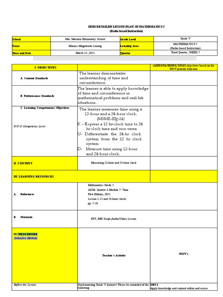 SEMI Detiled LP in Math 5 | PDF | Learning | Teaching Method
