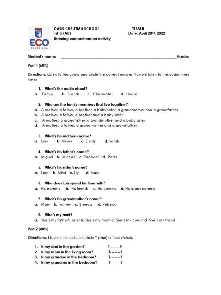 Grade 1 Listening Comprehension Activity | PDF