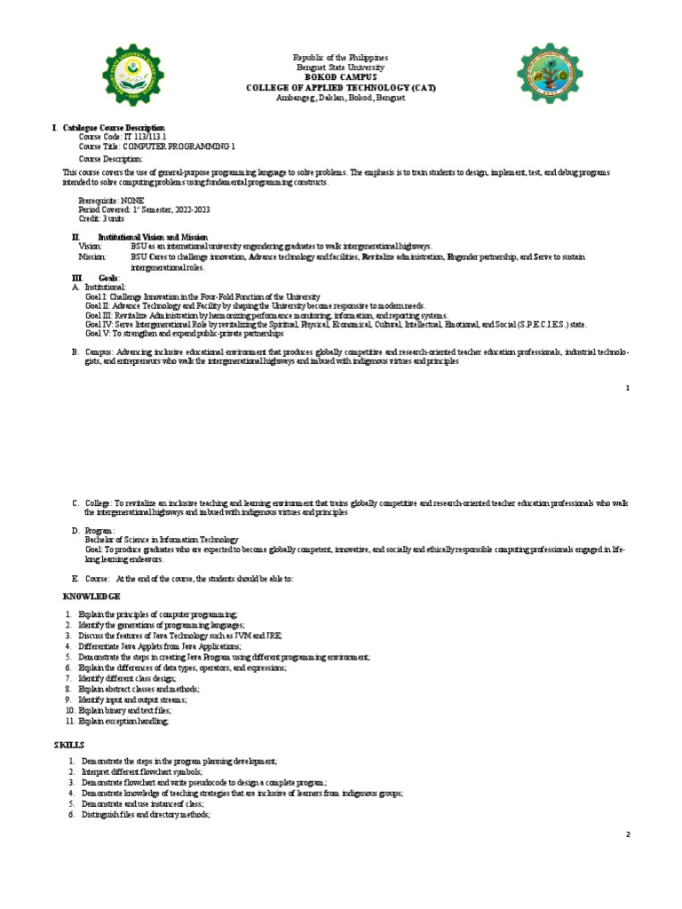 IT 113 Syllabus BSIT Programming 1 | PDF | Java (Software Platform ...