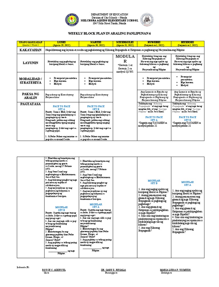 Q1 Week2 Grade 6 Ap Block Plan R. Adducul | PDF