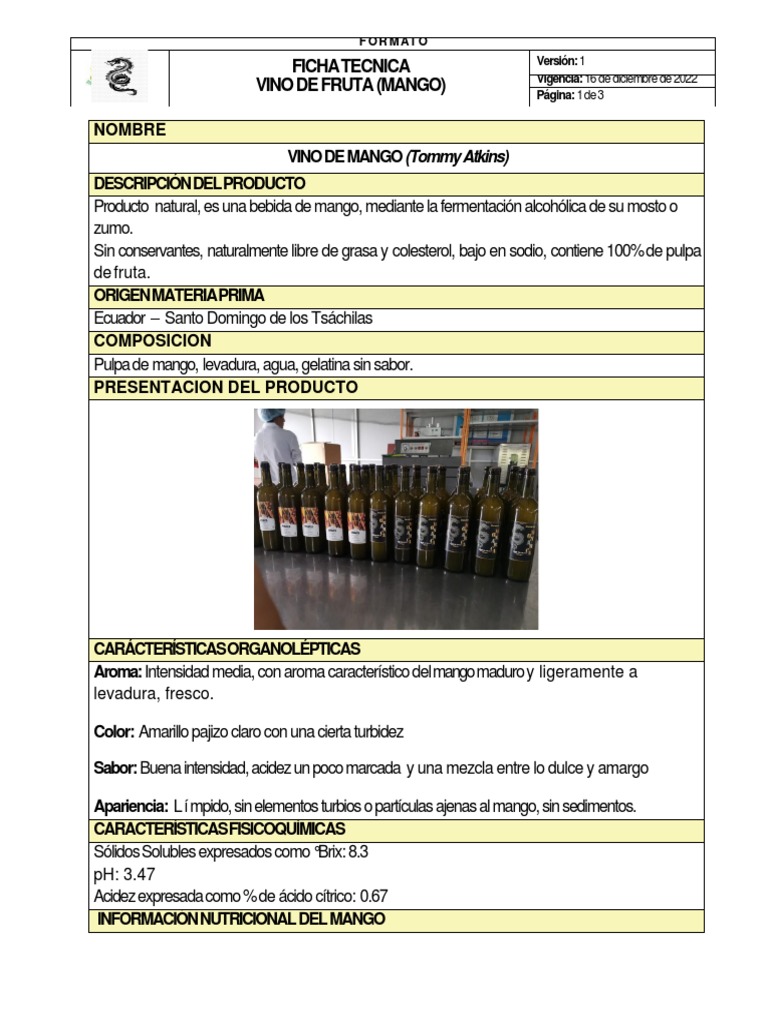 Ficha Tecnica Vino de Mango Melany Gvailanez | PDF | Vino | Mango