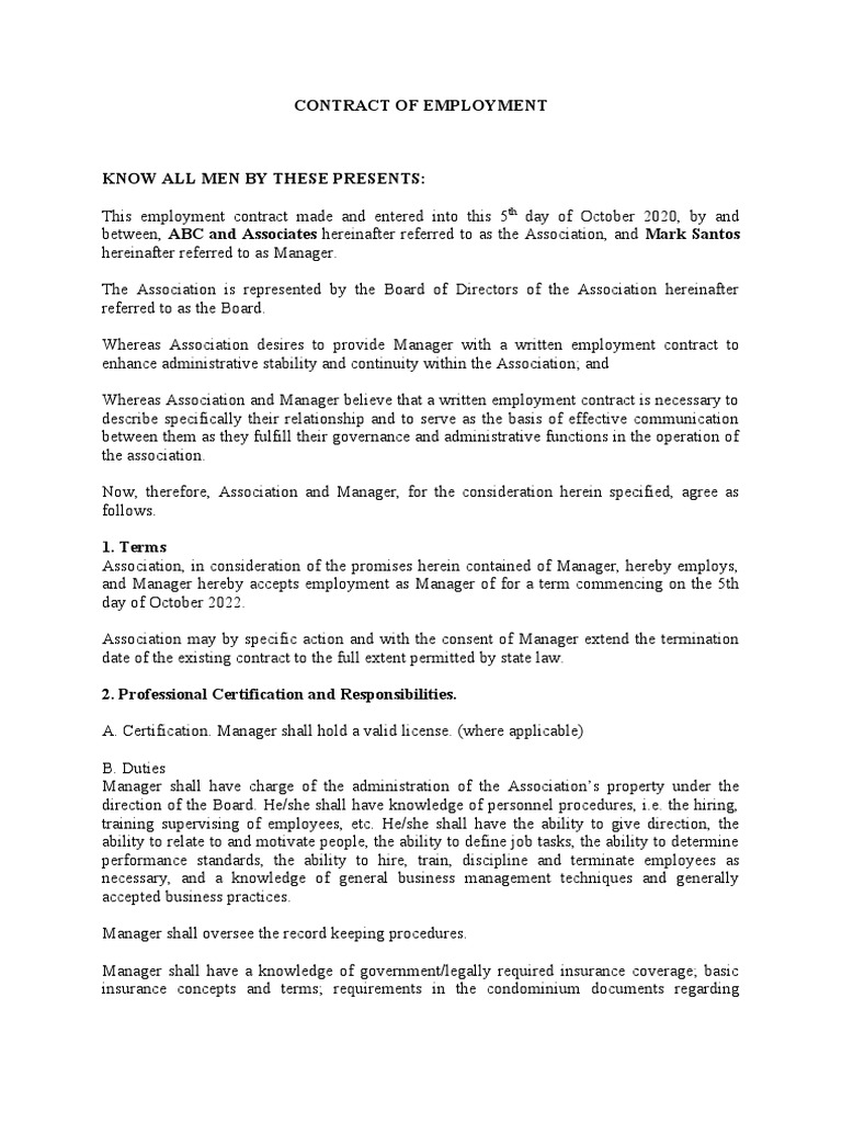 Employment Contract (Manager) | PDF | Employment | Liability Insurance