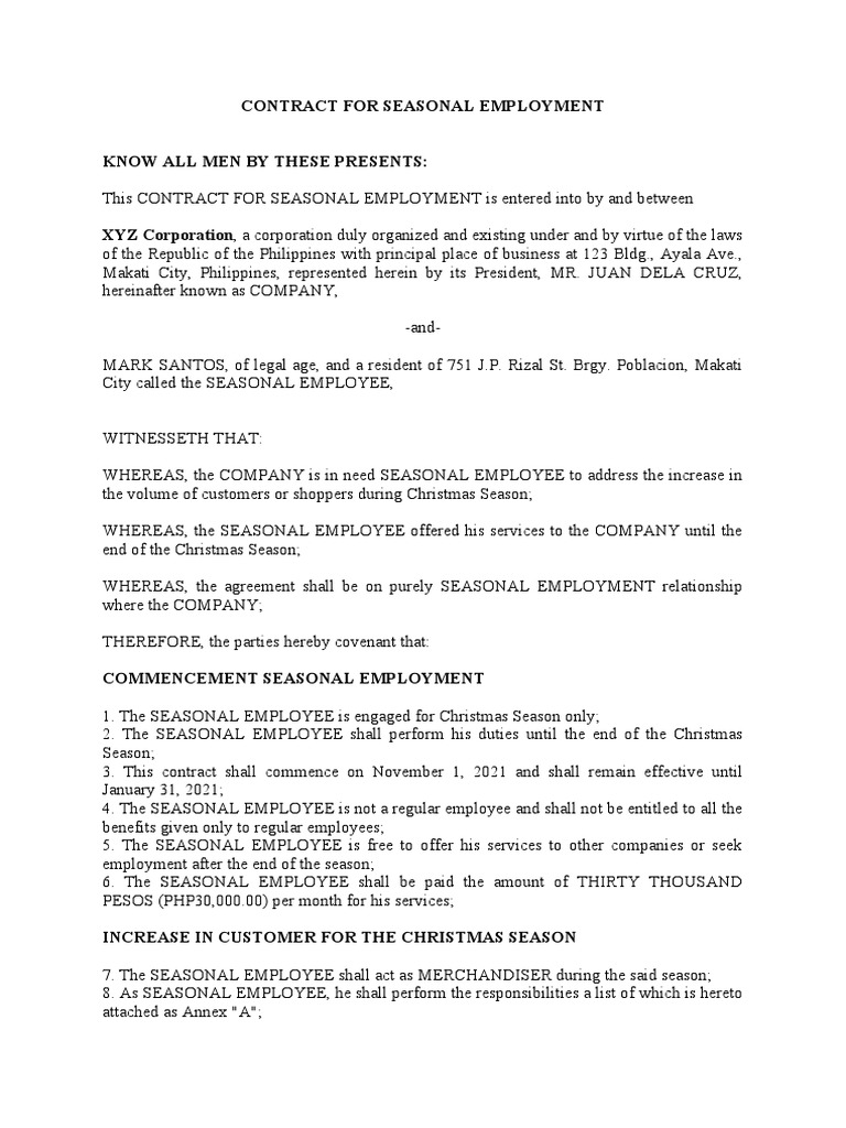 Employment Contract (Project - Seasonal Employee) | PDF | Employment ...