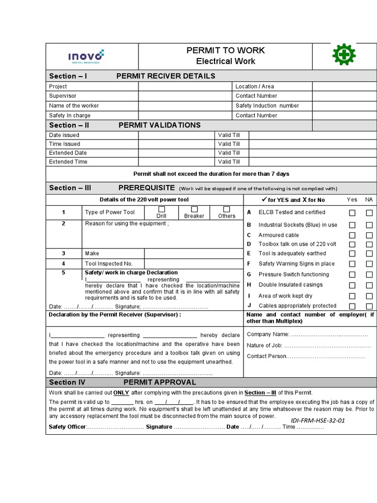 IDI-FRM-HSE-32-01 Permit To Work - Electrical Work | PDF | Equipment | Manufactured Goods