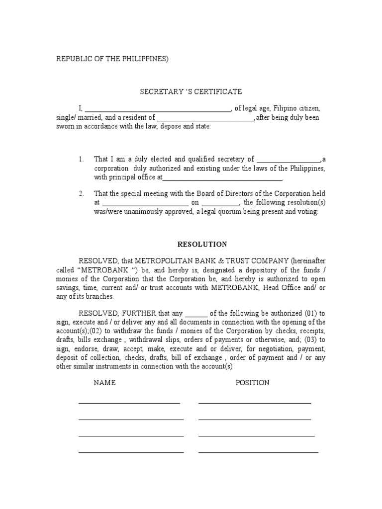 Secretary Certificate | PDF | Cheque | Banking