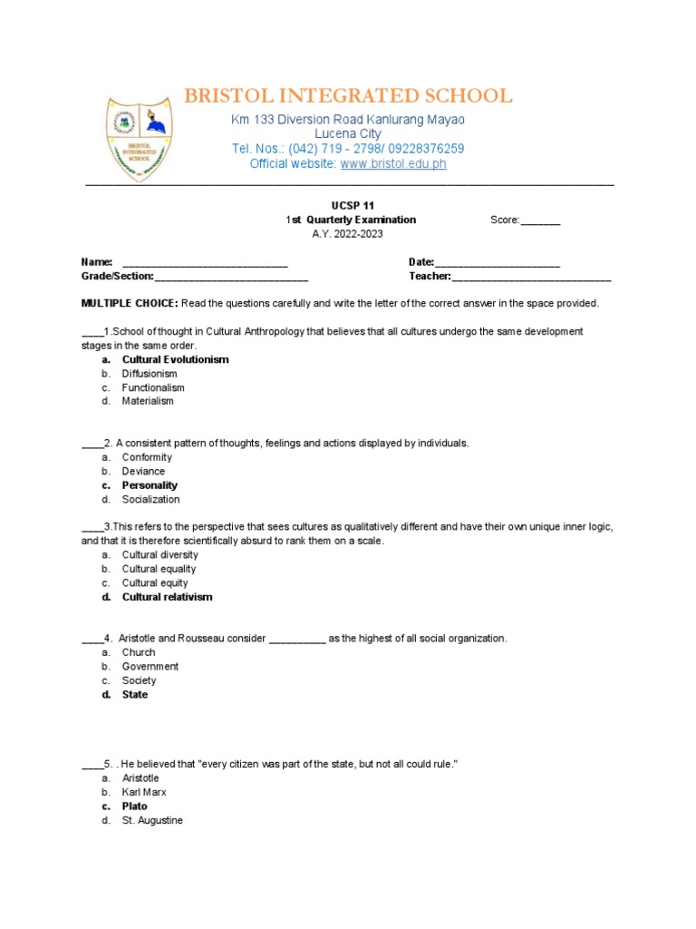 First Quarter Grade 11 UCSP | PDF | Society | Sociocultural Evolution
