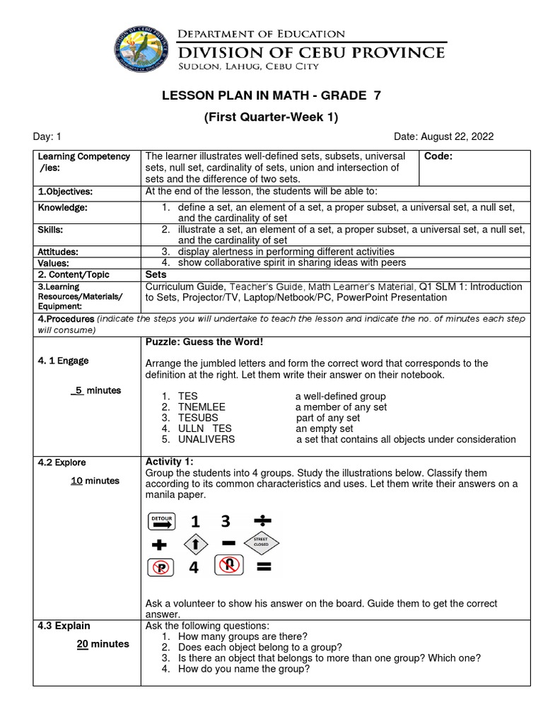 Math 7, Q1, Wk1, Day 1 | PDF | Learning | Lesson Plan