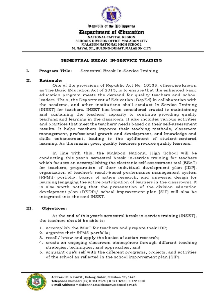 SHS Semestral Break Inset (February 6 To 10, 2023) | PDF | Teaching ...