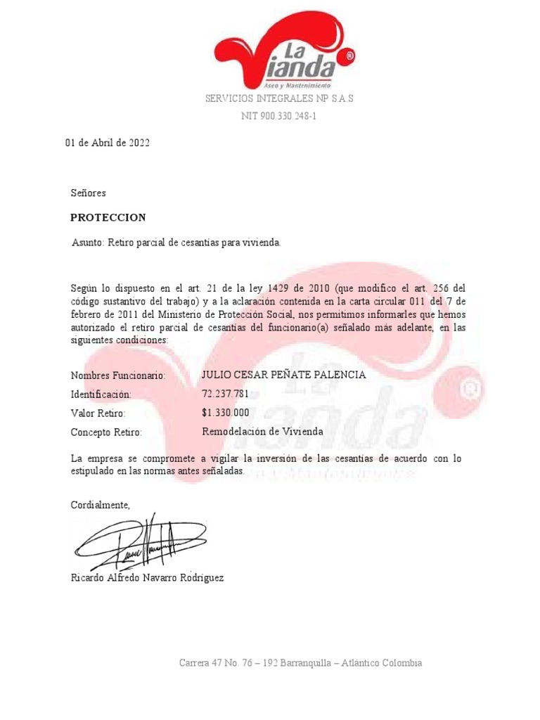 Servicios Integrales Cesantias Julio Cesar Peñate Palencia | PDF