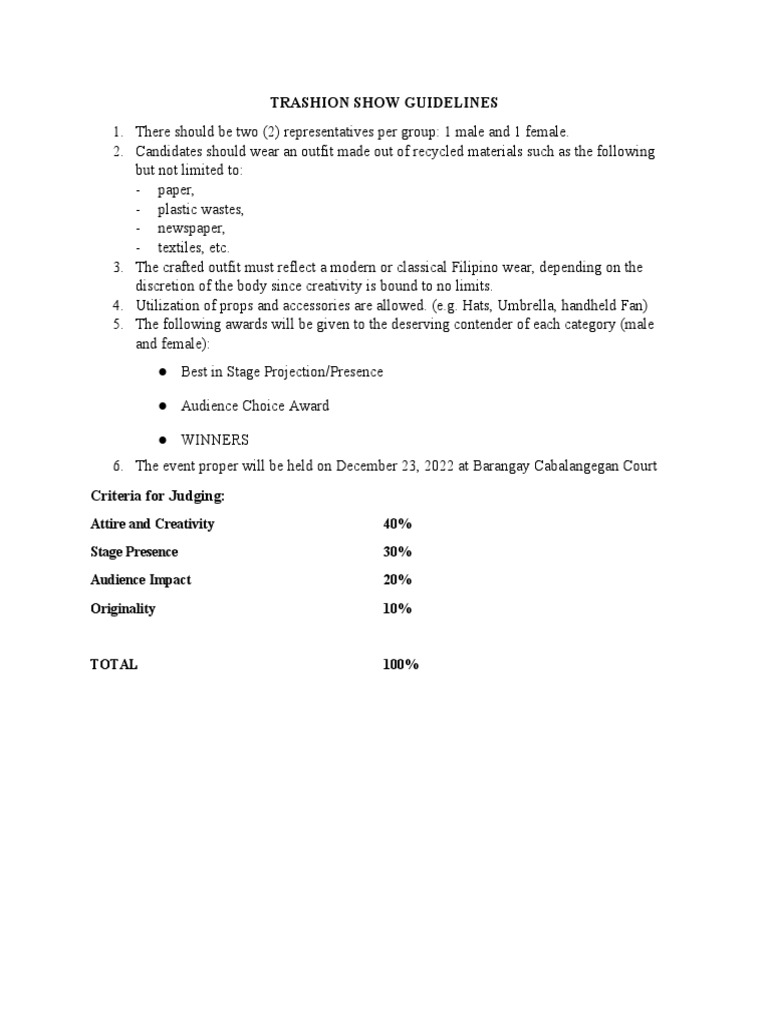 Guidelines For Trashion Show | PDF