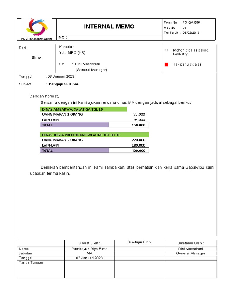 Internal Memo DINAS pAK bIMO | PDF