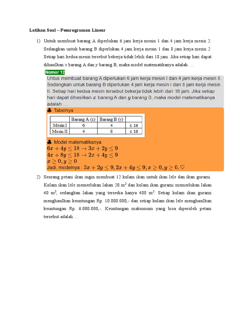 Latihan Soal - Pemrograman Linier | PDF