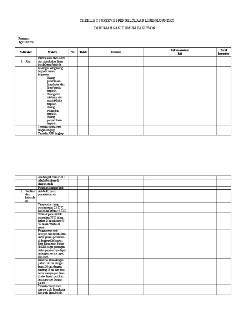 Chek List Supervisi Ppi Pengelolaan Linen Loundry | PDF