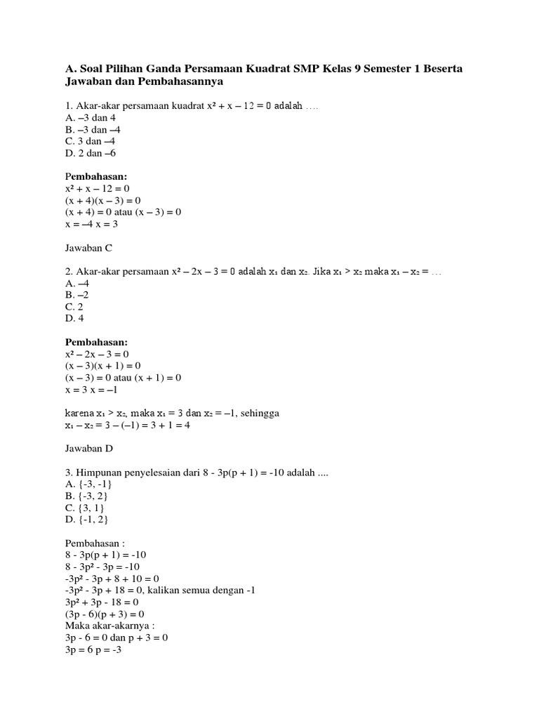 Latihan Soal Persamaan Kuadrat SMP Kelas 9 | PDF