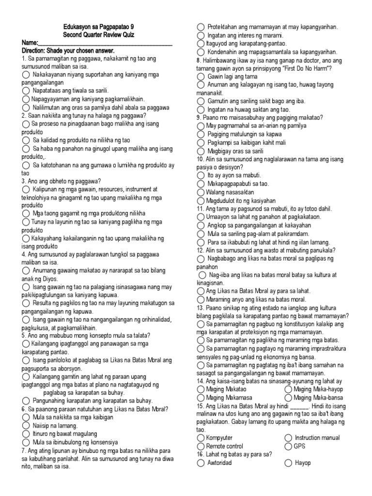 Esp 9 q2 Review Exam | PDF