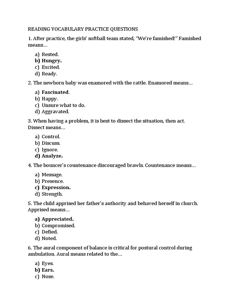 English Reading Vocabulary Practice Questions | PDF