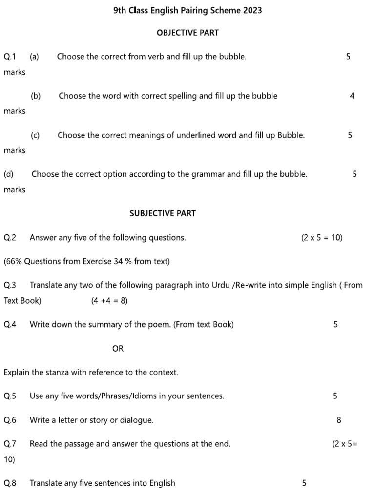 9th Class English Pairing Scheme 2023 | PDF