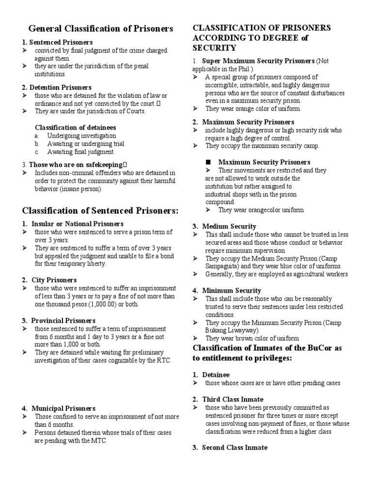 Classification of Prisoners and Inmates | PDF | Prison | Detention ...
